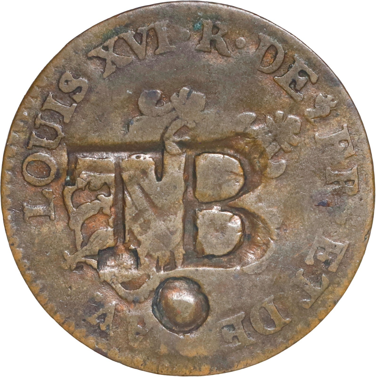 TOBAGO, copper "black dogg" (three halfpence) incuse TB/o countermark ...