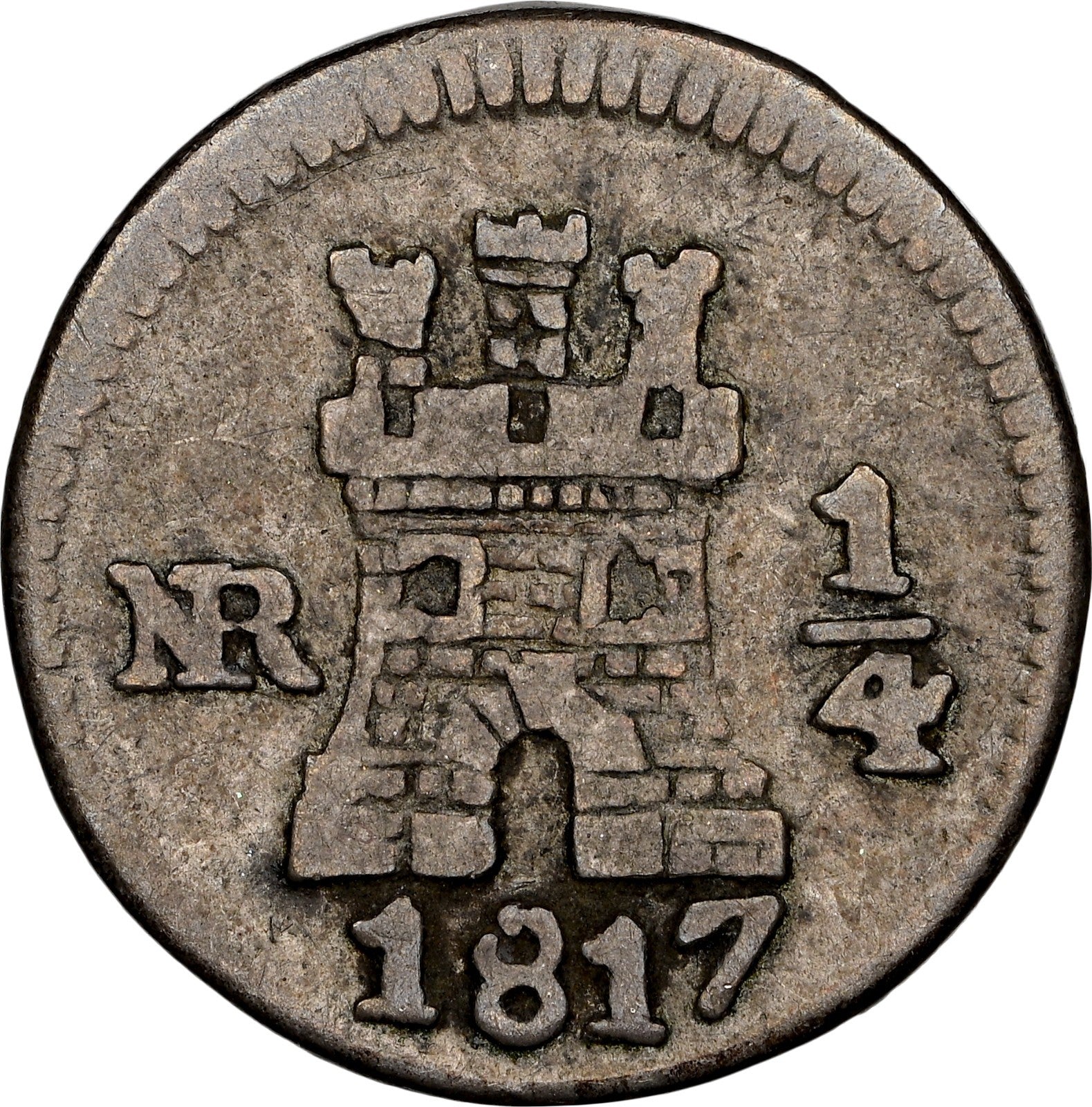 COLOMBIA, Bogotá, 1/4 real, Ferdinand VII, 1817, NGC VF 35, EMO Collec ...