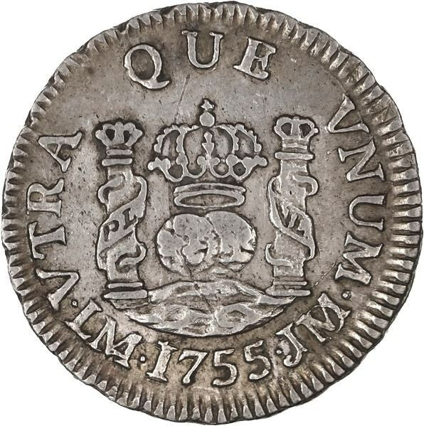 PERU Lima Silver Pillar 1/2 Real Ferdinand VI 1755 JM/D Overassayer Va ...