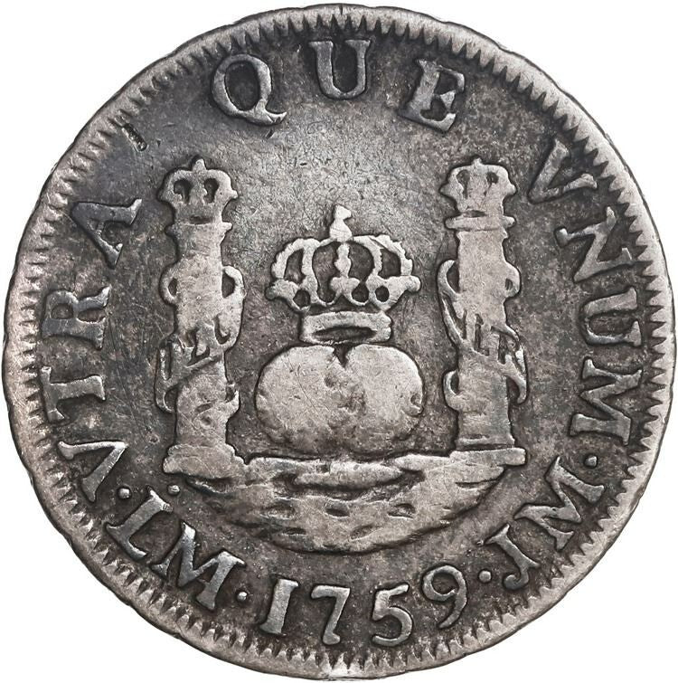 PERU Lima Silver Pillar 1 Real Ferdinand VI 1759 JM Dots over Mintmark ...