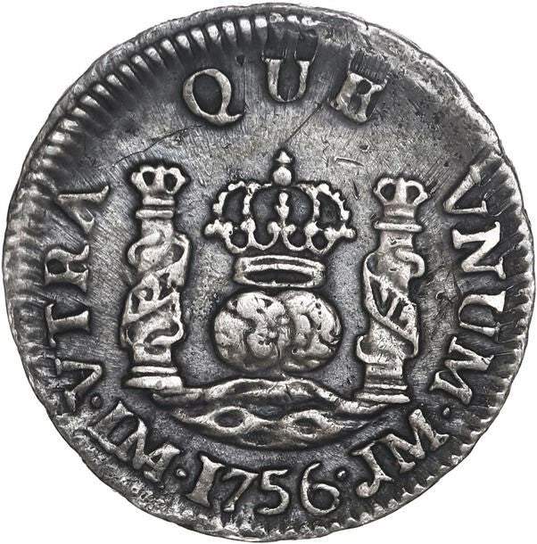 PERU Lima Silver Pillar 1/2 Real Ferdinand VI 1756 JM No Dot after HIS ...